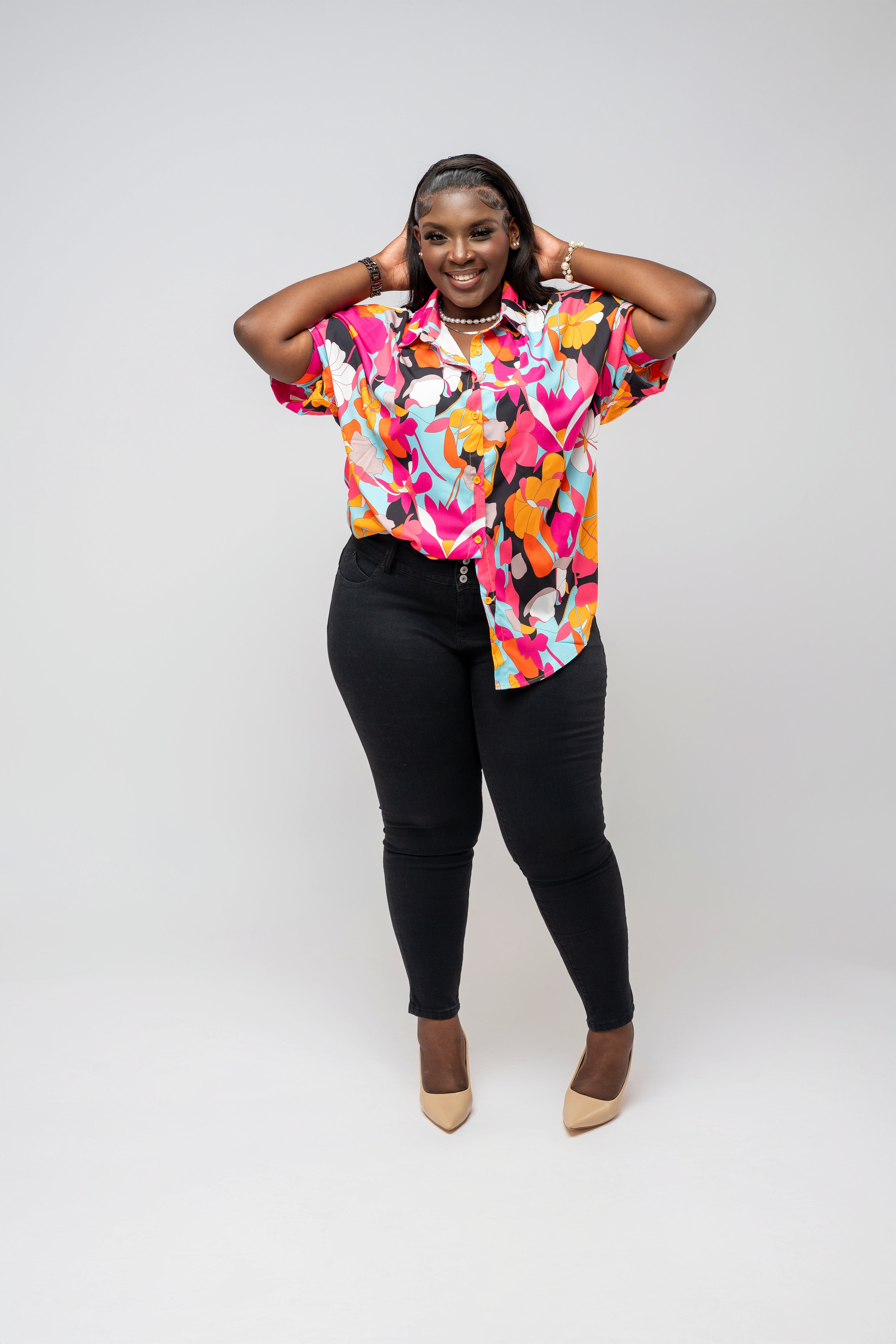 Tropical Bloom Button-Up Blouse – Curvy Definition Plus